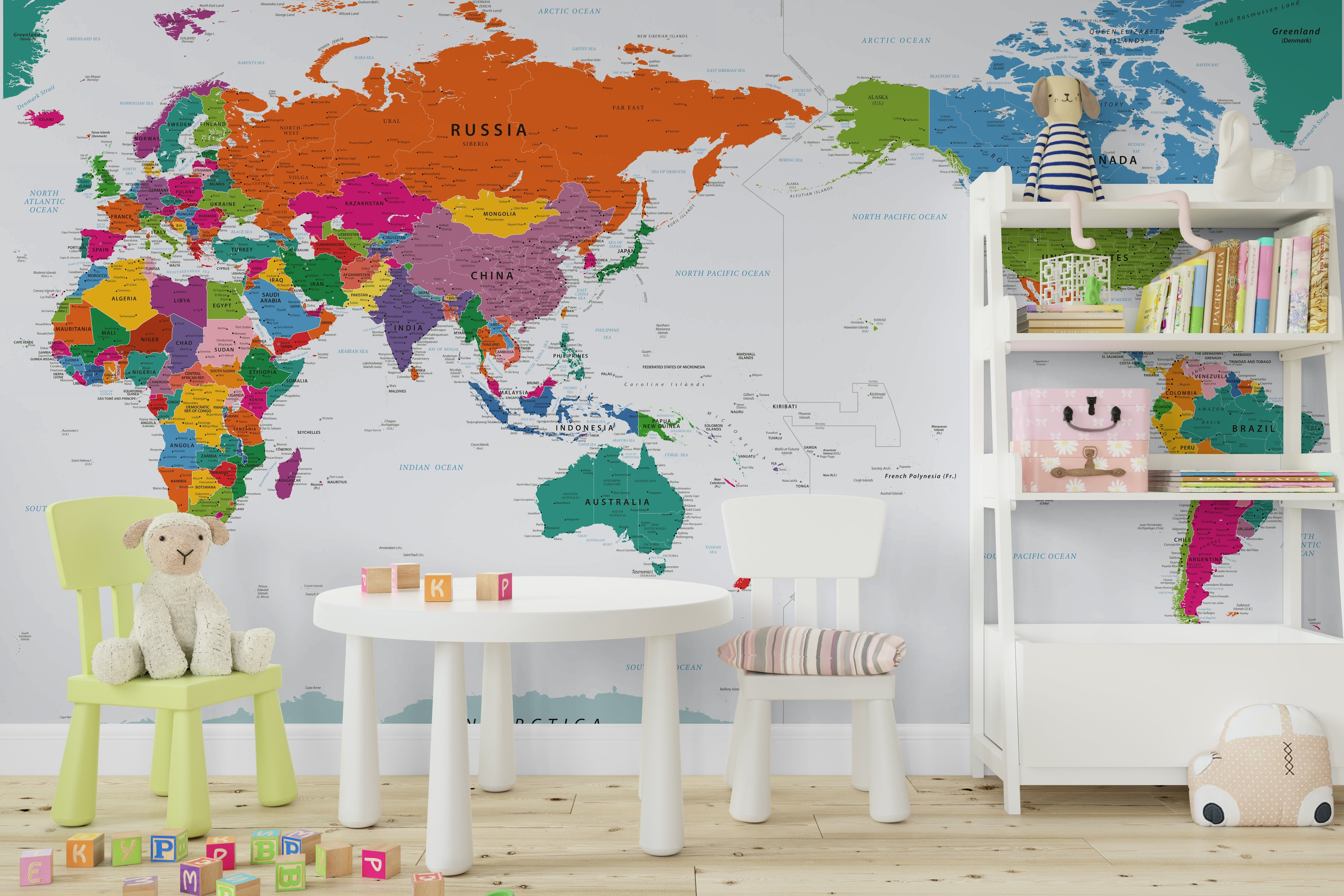 Pacific Centered World Map Fun Colors Wall Mural – Vibrant