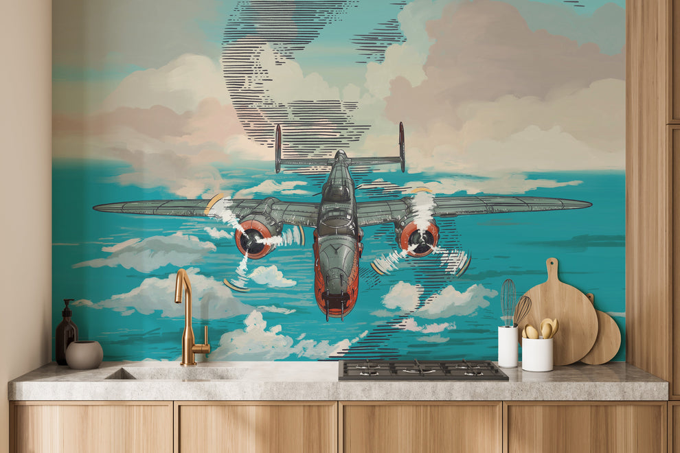 Flying Plane on Blue Ocean Wallpaper Mural - Giffywalls