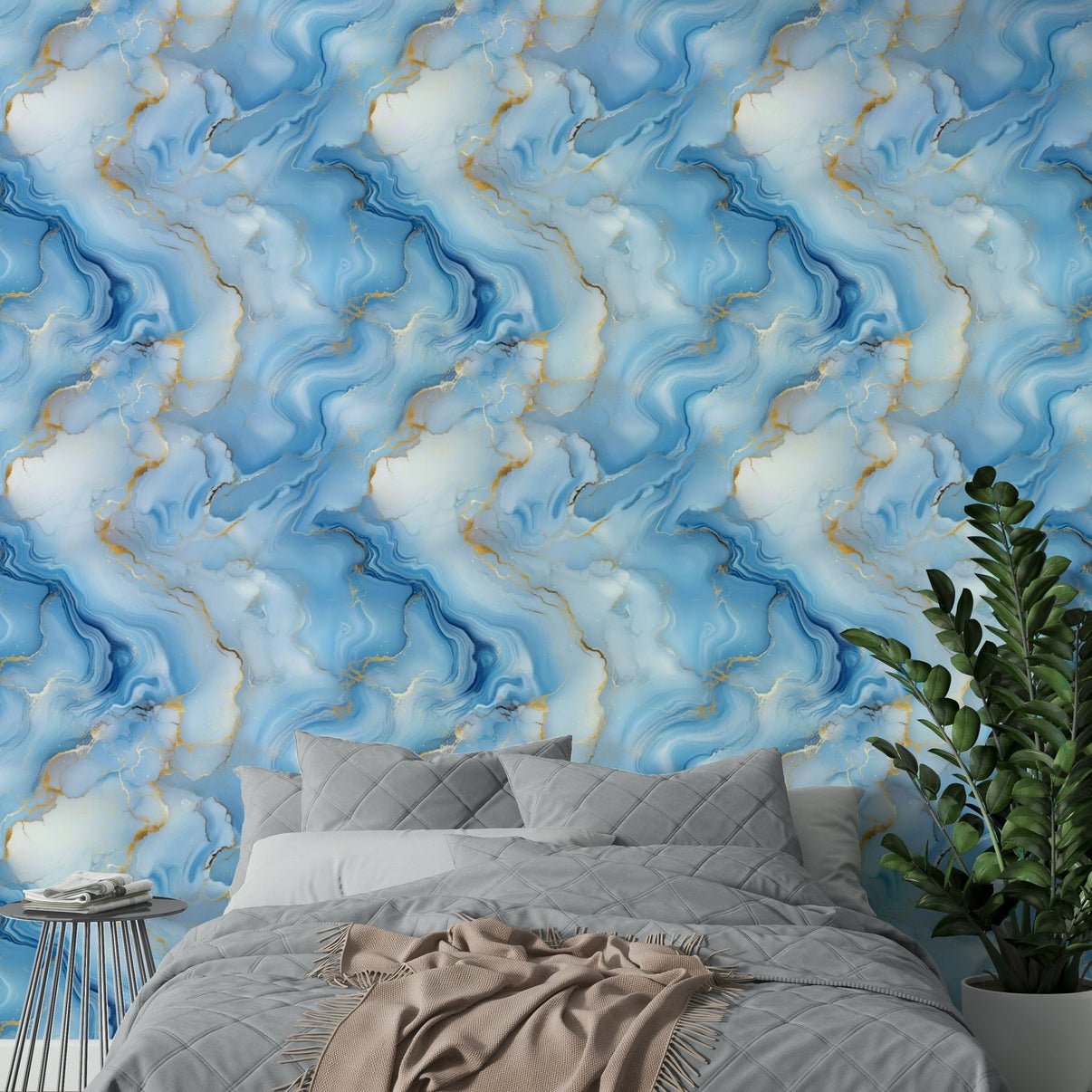 Azure & Gold Fluidity – Luxe Abstract Wallpaper