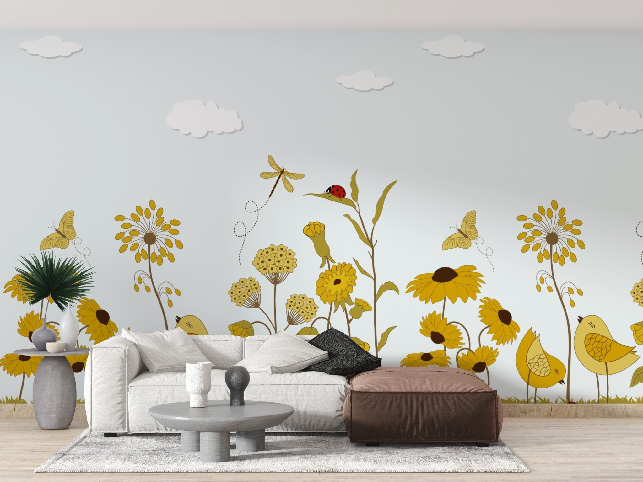 Birds with Yellow Color Flower Wallpaper Murals for Bathroom