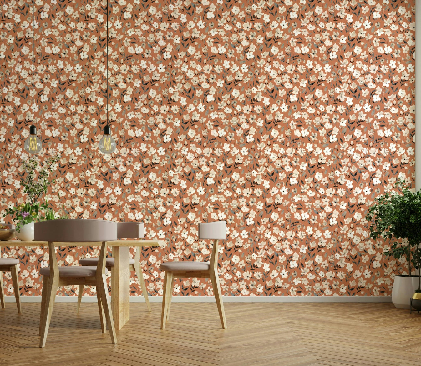 Rustic Floral Wallpaper in Warm Terracotta Tone