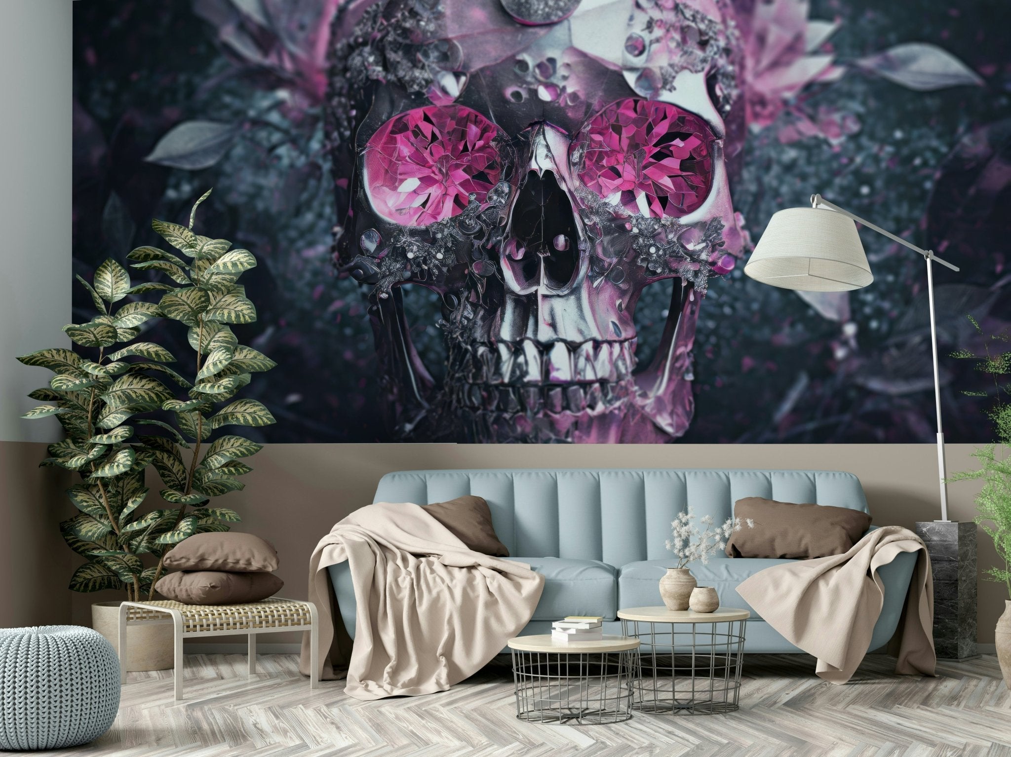 Edgy Elegance Gemstone Skull Floral Wallpaper Mural