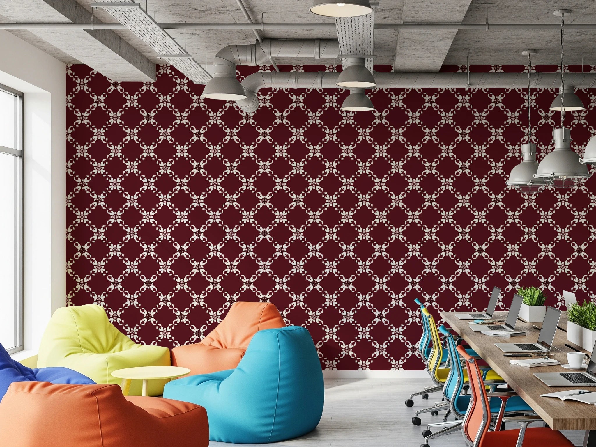 Maroon Floral Lattice Wallpaper