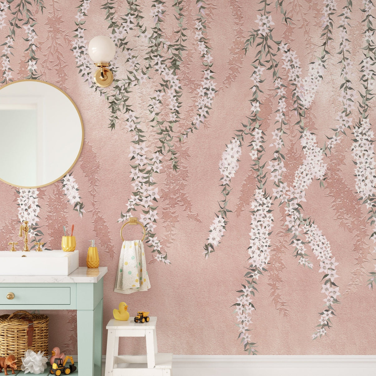 Modern Style Pink Color Hanging Flower Mural Wallpaper For Walls