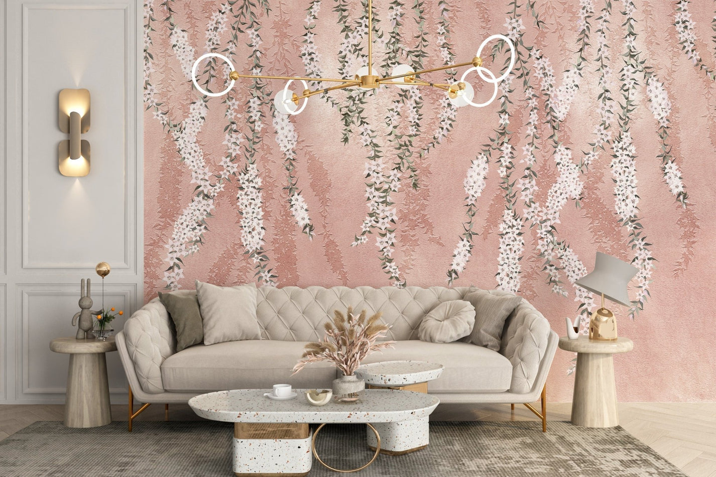 Modern Style Pink Color Hanging Flower Mural Wallpaper For Walls