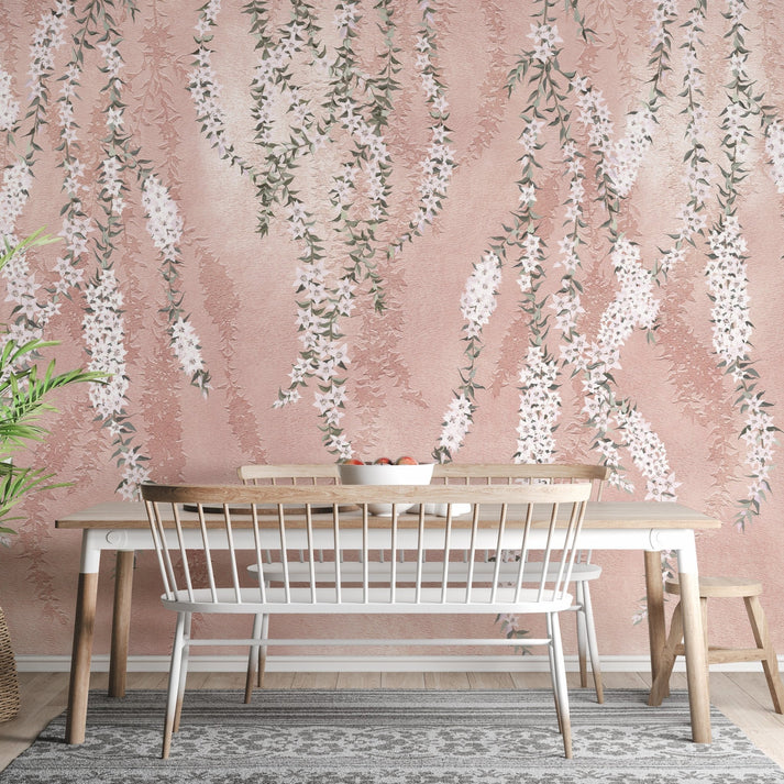 Modern Style Pink Color Hanging Flower Mural Wallpaper For Walls
