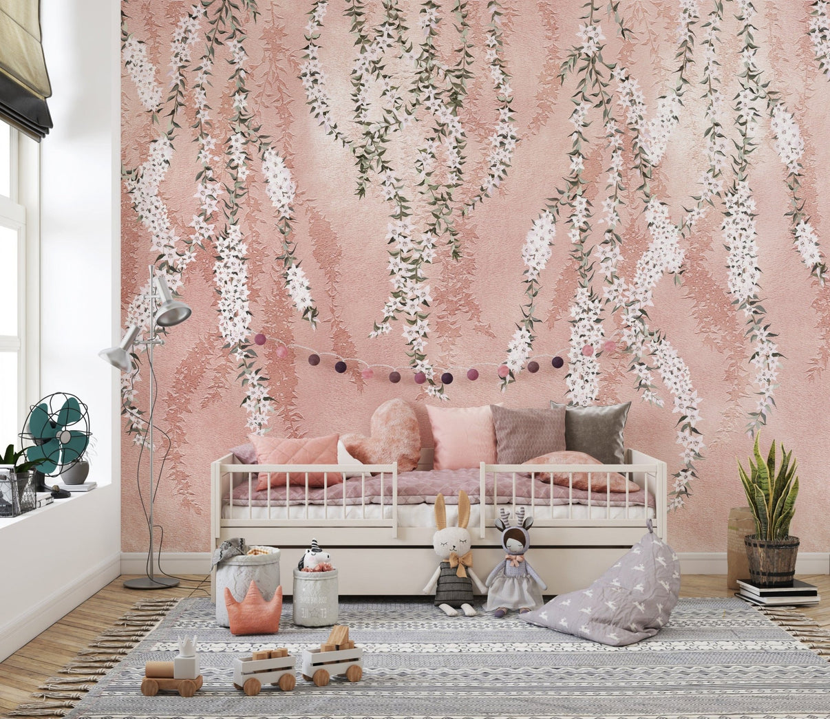Modern Style Pink Color Hanging Flower Mural Wallpaper For Walls