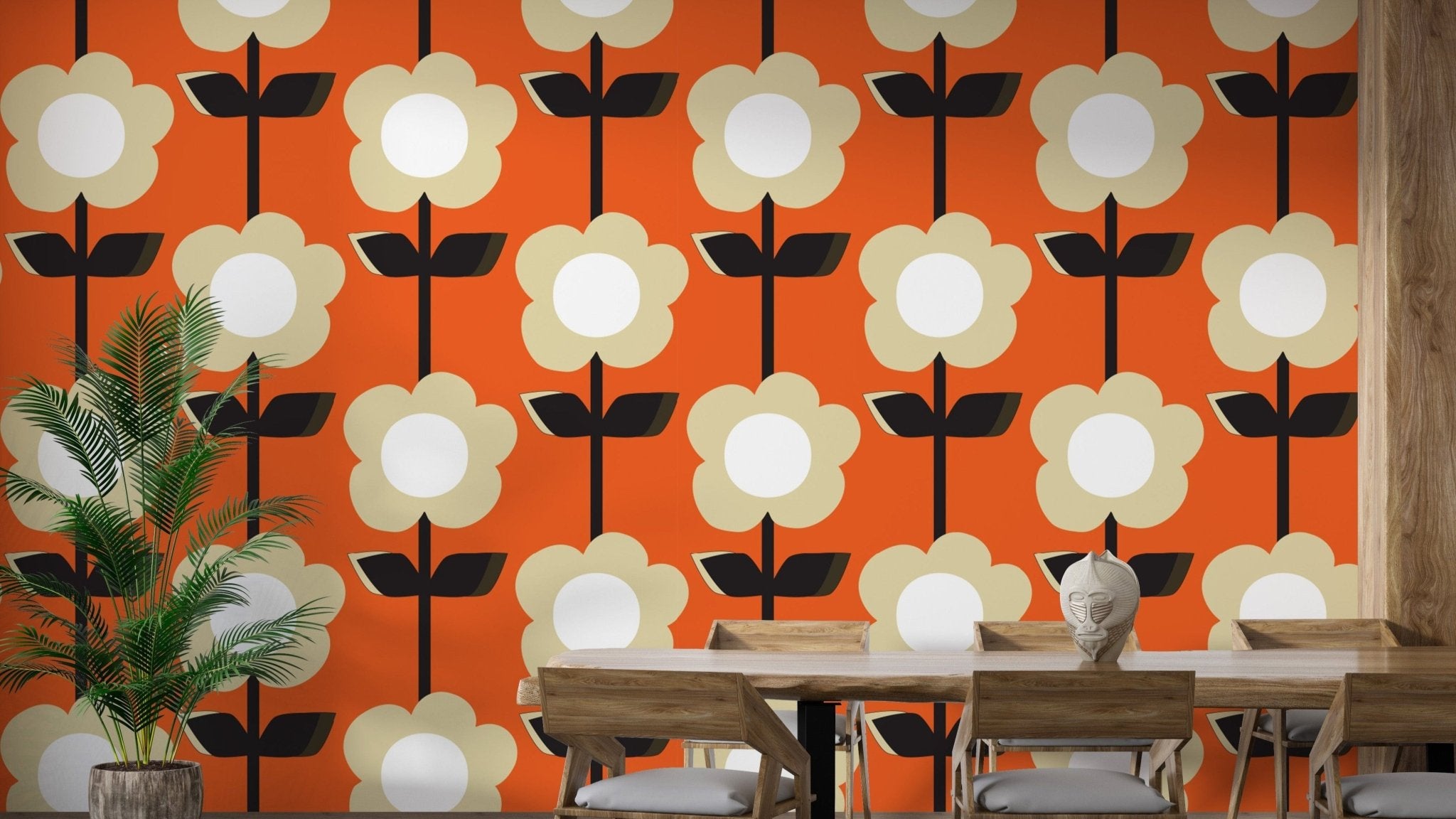Retro Flower Orange Mural Wallpaper for Living Room Interior