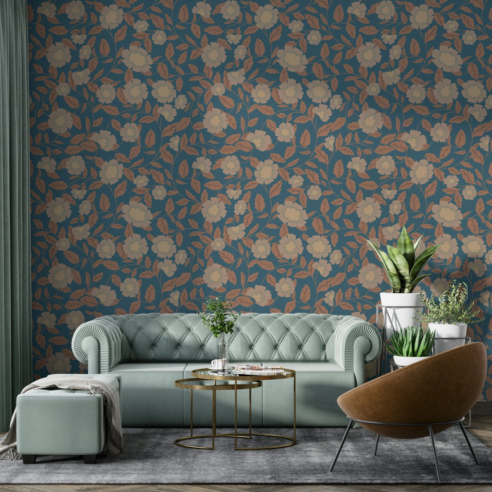 Teal Rustic Floral Wallpaper