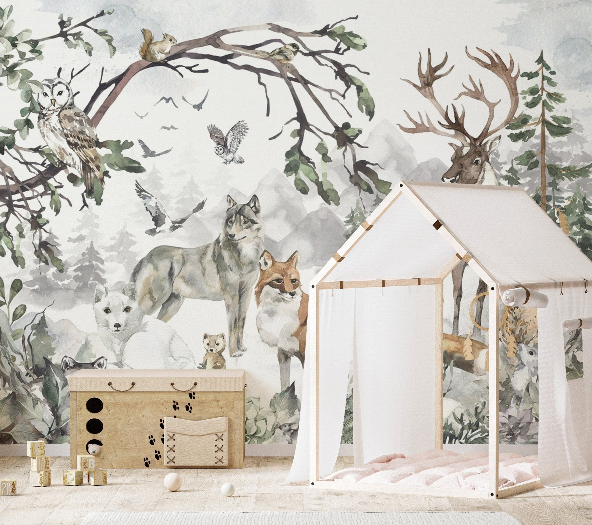 Serene Forest Friends Watercolor Wall Mural | Giffywalls