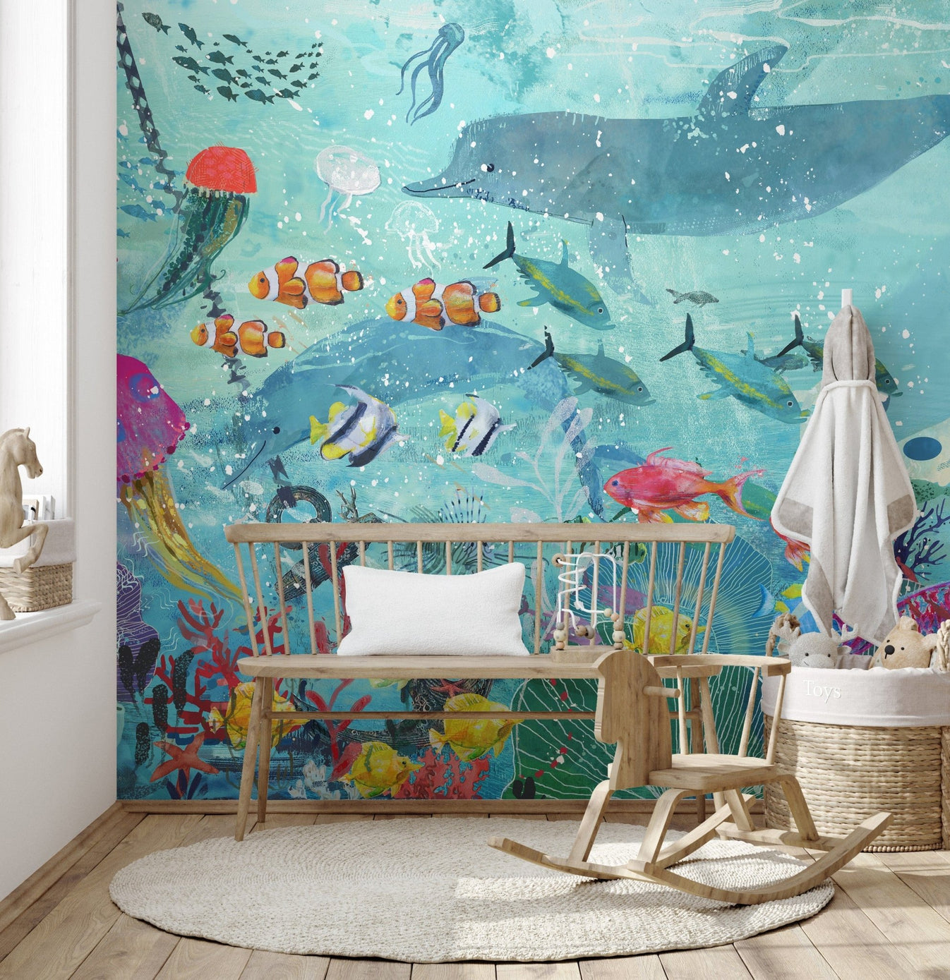 Blue Fish Wallpaper - Watercolour Underwater Mural for Kids