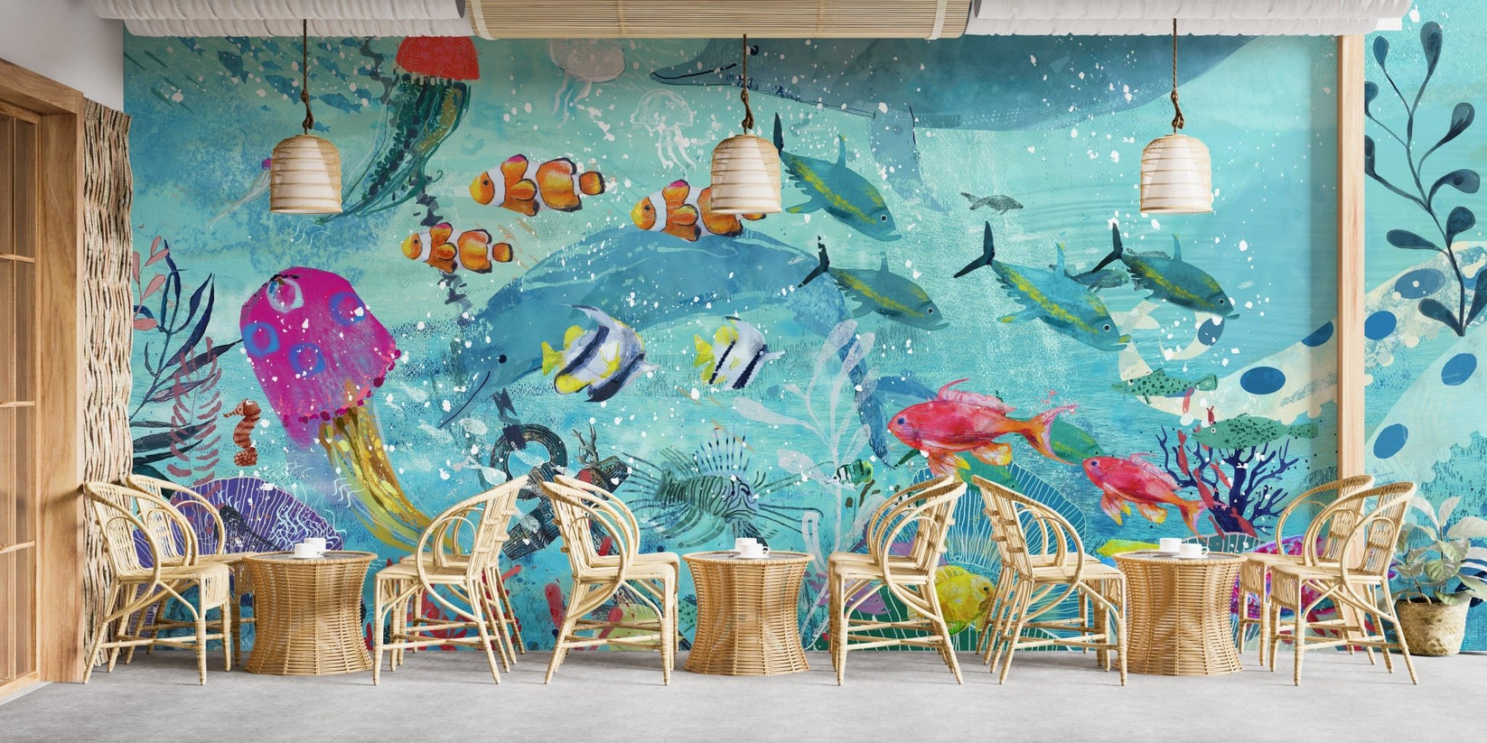 Blue Fish Wallpaper - Watercolour Underwater Mural for Kids