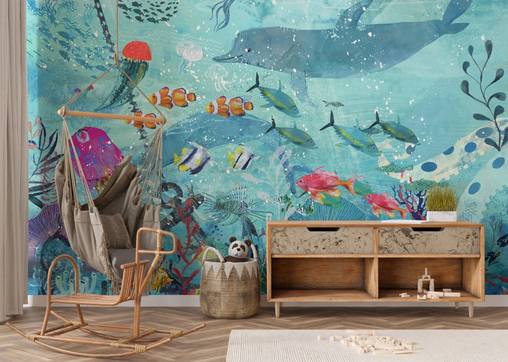 Blue Fish Wallpaper - Watercolour Underwater Mural for Kids