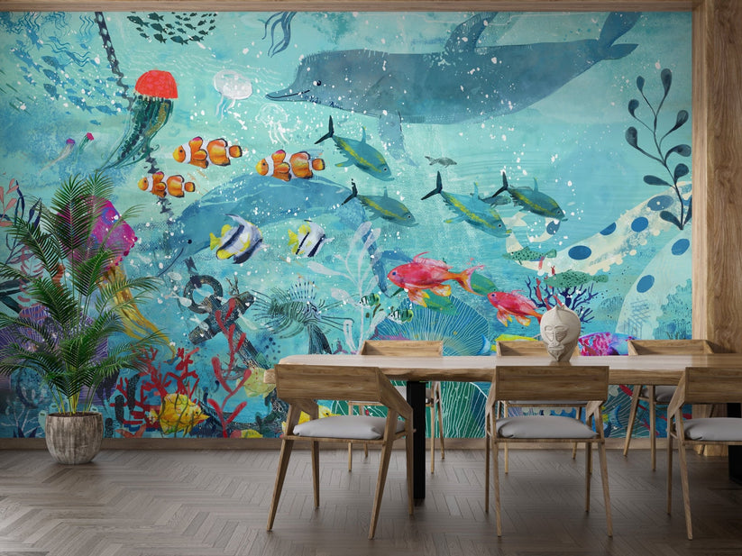 Blue Fish Wallpaper - Watercolour Underwater Mural for Kids