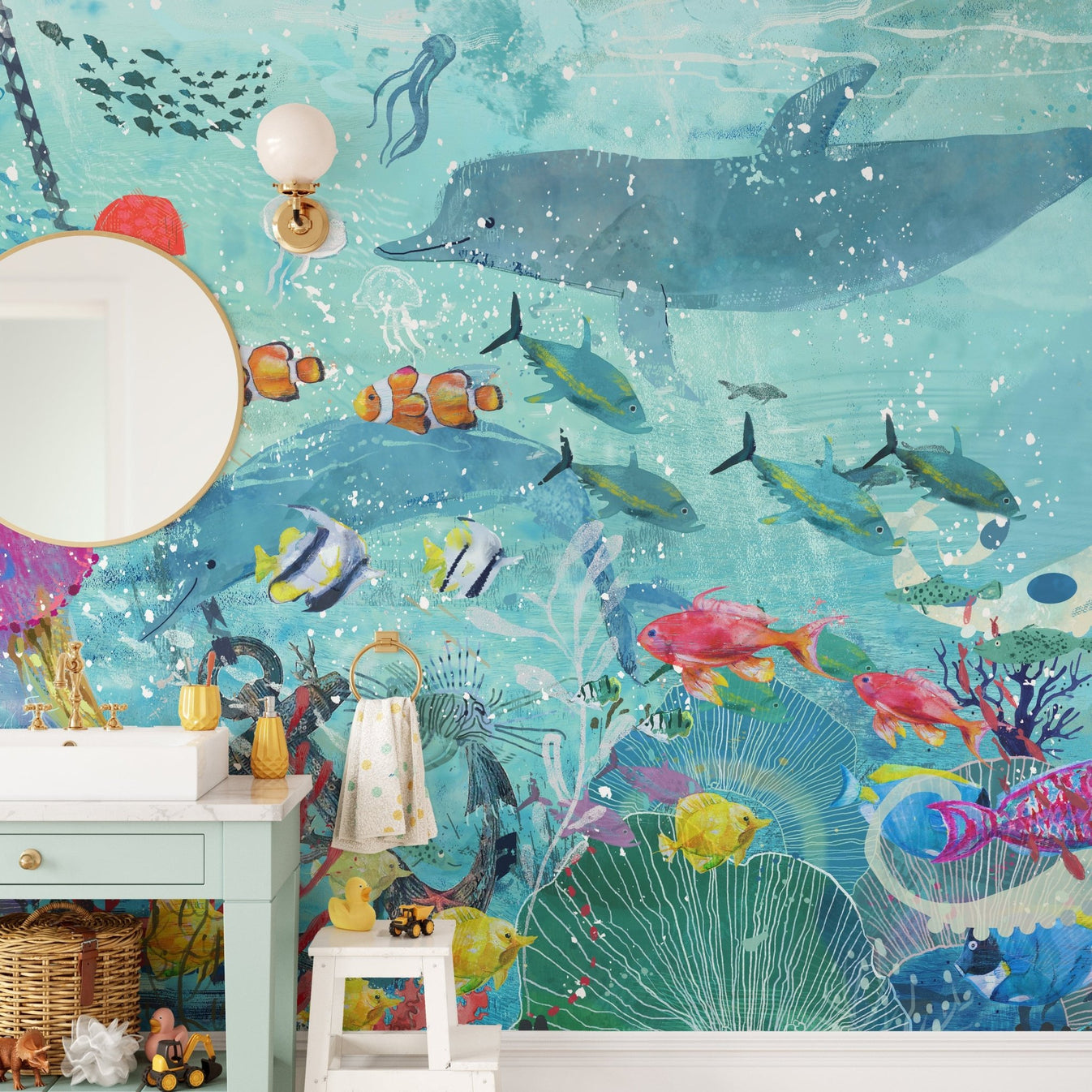 Blue Fish Wallpaper - Watercolour Underwater Mural for Kids