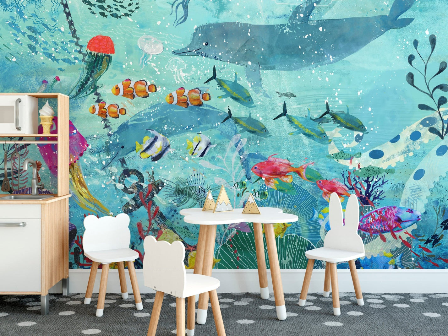 Blue Fish Wallpaper - Watercolour Underwater Mural for Kids