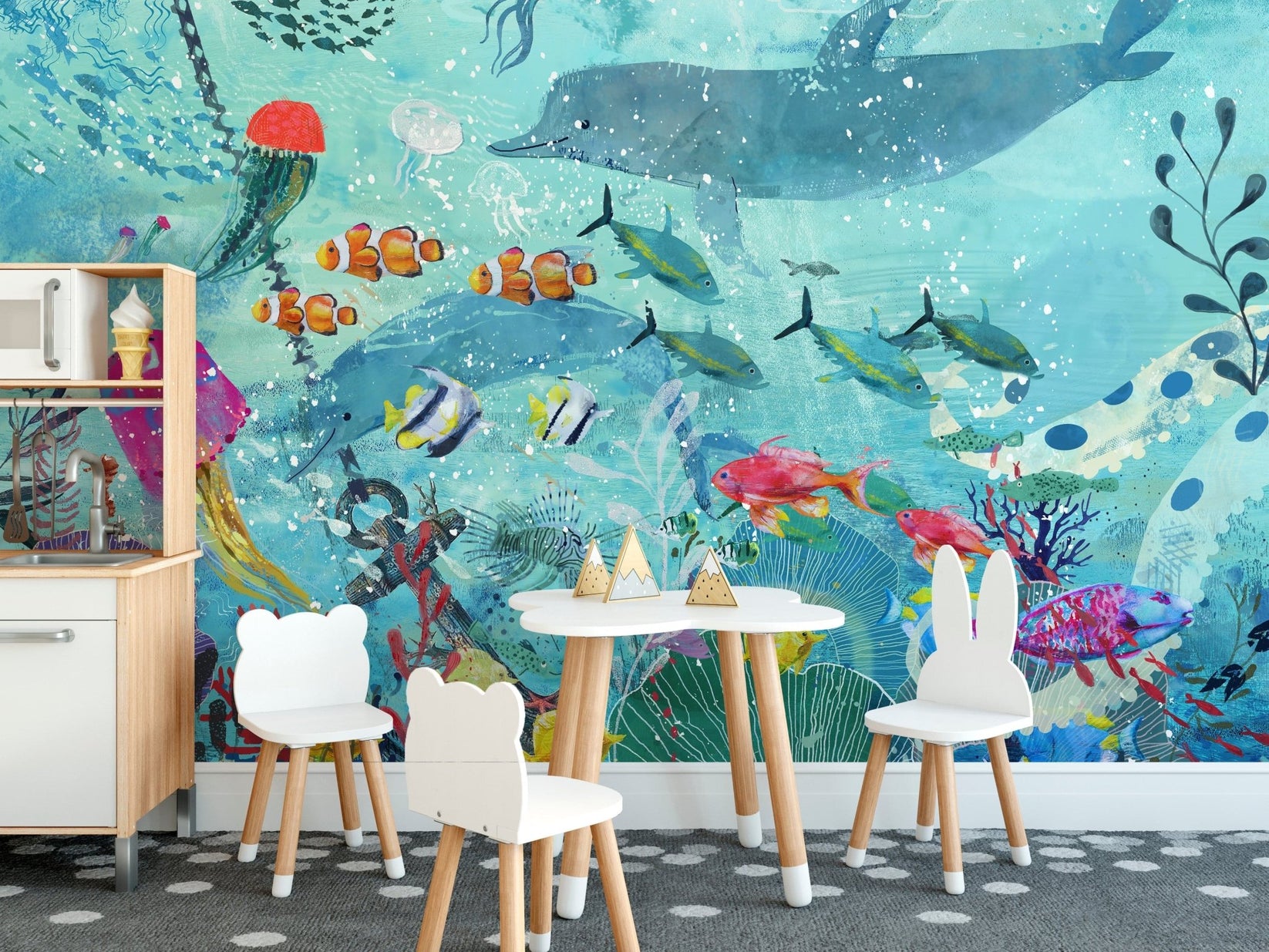 Blue Fish Wallpaper - Watercolour Underwater Mural for Kids