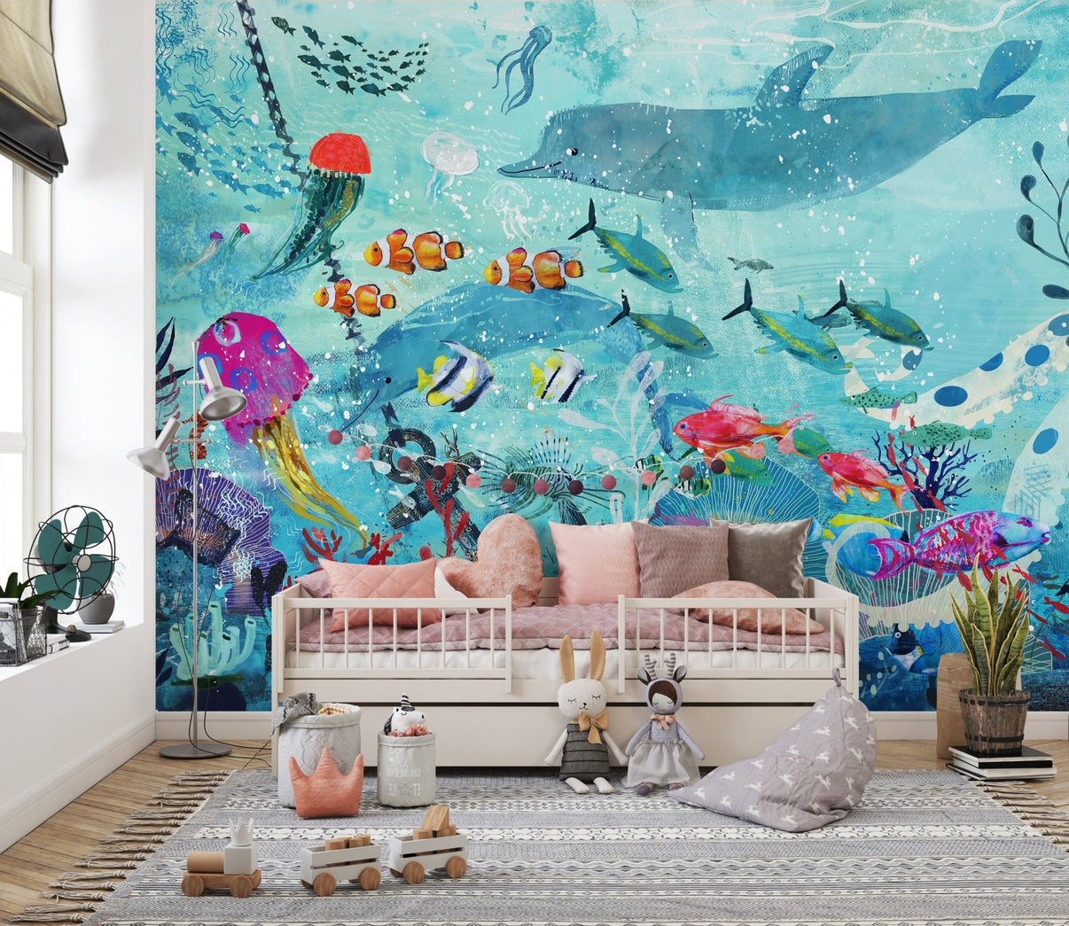 Blue Fish Wallpaper - Watercolour Underwater Mural for Kids