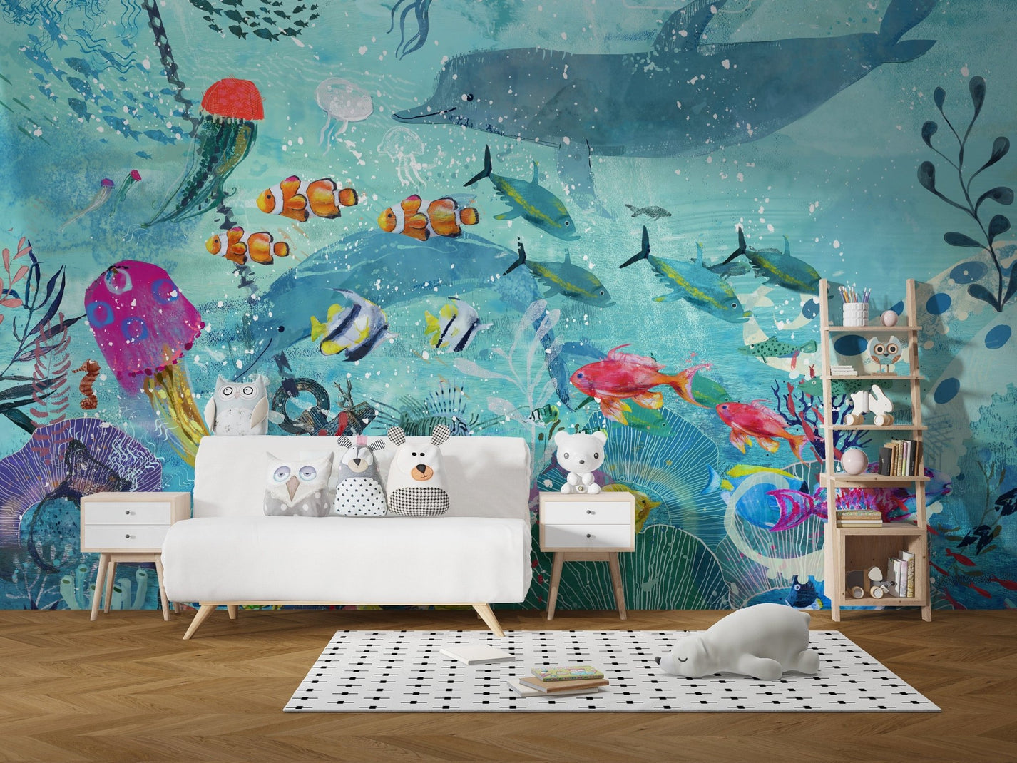 Blue Fish Wallpaper - Watercolour Underwater Mural for Kids