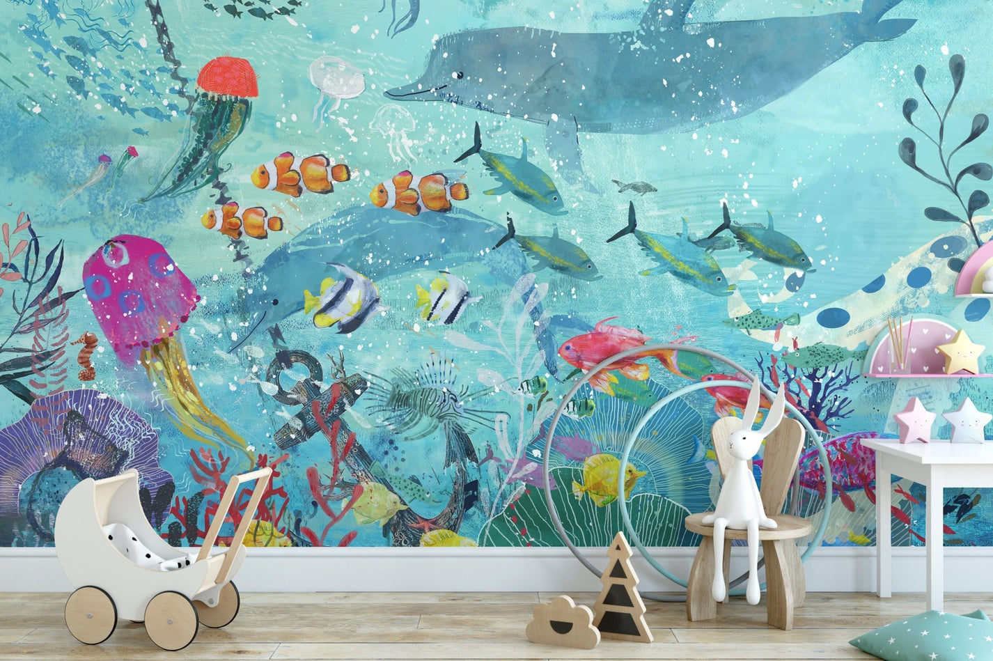 Blue Fish Wallpaper - Watercolour Underwater Mural for Kids