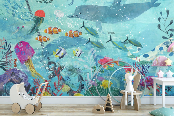 Blue Fish Wallpaper - Watercolour Underwater Mural for Kids