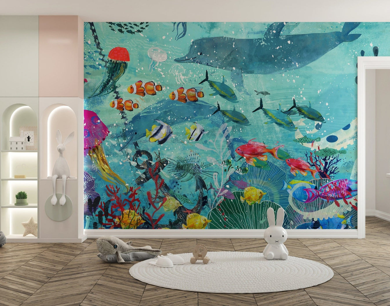 Blue Fish Wallpaper - Watercolour Underwater Mural for Kids