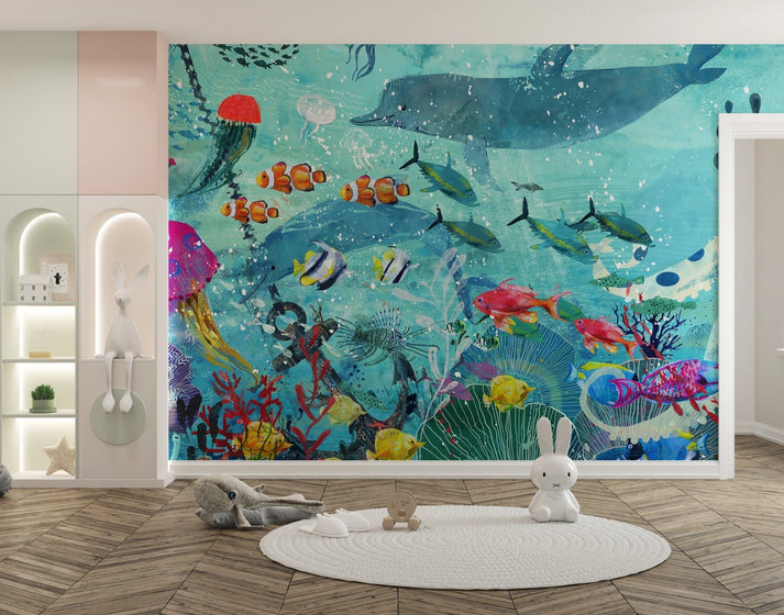 Blue Fish Wallpaper - Watercolour Underwater Mural for Kids