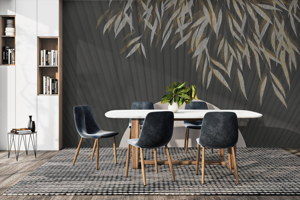 Order Yugen Black Botanical Fan Striped Wallpaper - Elegant Design